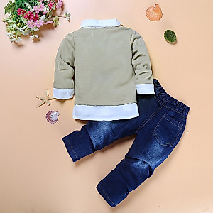 puseky 2pcs Toddler Baby Boys Bow Tie Shirt Tops+Denim Pants Gentleman Clothes Outfits for Baby Boys 2T 3T