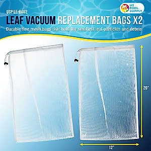 U.S. Pool Supply Fine Mesh Filter Bags for Leaf Vacuum Pool Cleaners, 2 Pack - 12" x 20" Replacement Net Bags, Pull-N-Lock Cord, Holds Leaves & Debris - Universal Fit, Leaf Terminator, Eater, Gulper