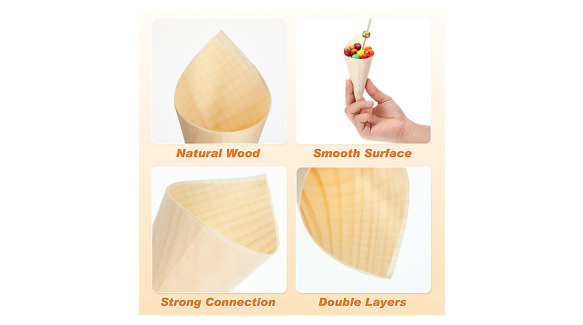 Food Cones with Display Stand - 100 Disposable Wood Cones