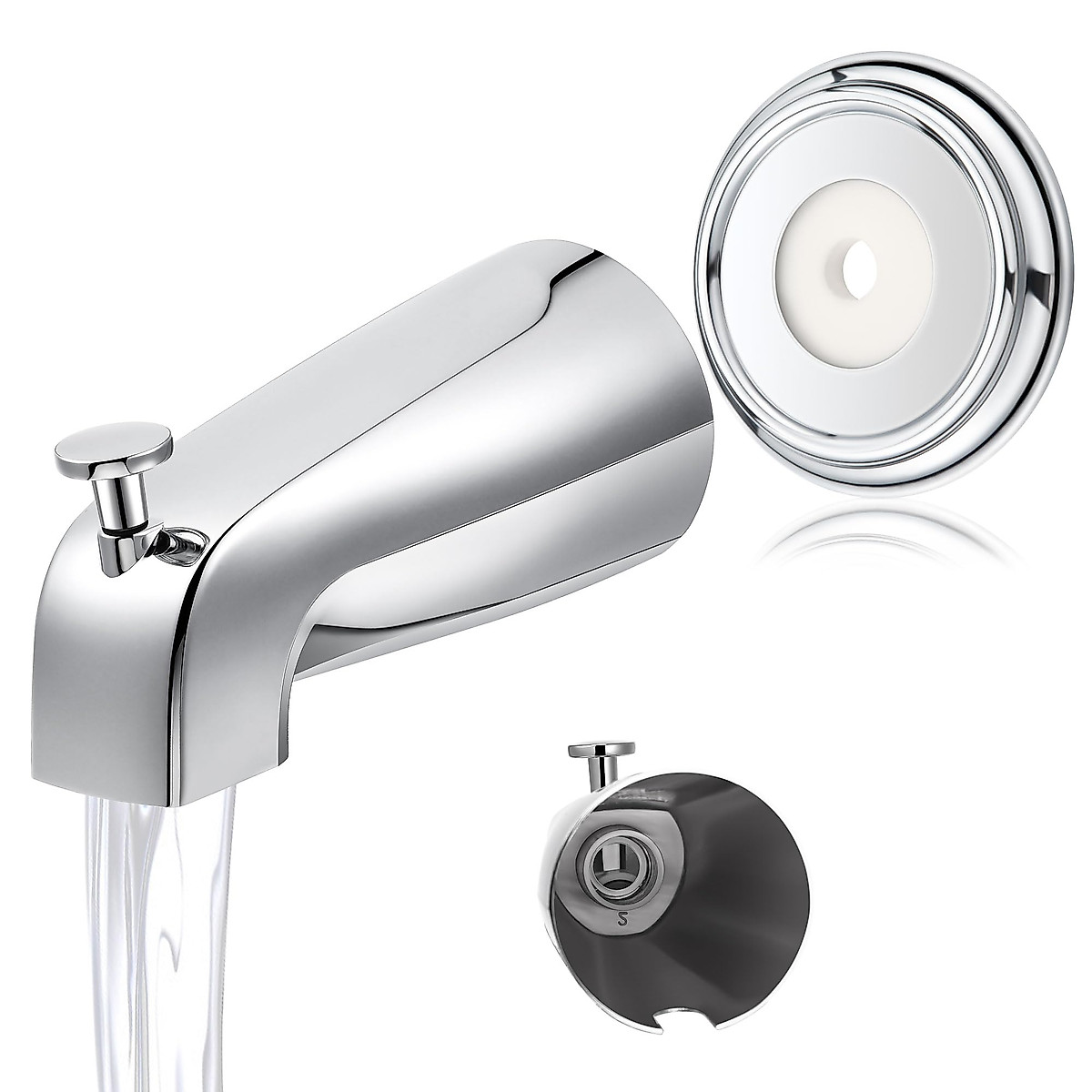 Enhon Universal Bathroom Spout with Metal Cover, 5 1/4 Inch Reach, Front Mount Tub Spout with Shower Diverter, 1/2'' IPS Thread (Chrome)