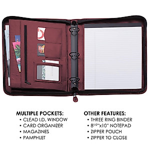 Travigo 3-Ring Zipper Business Leather Portfolio folder| 1.25" 3-Ring Binder Professional Business Folder Resume Document Organizer|Exterior Pocket | Guesseted File Pocket|8-1-2" Writing Pad(Burgundy)