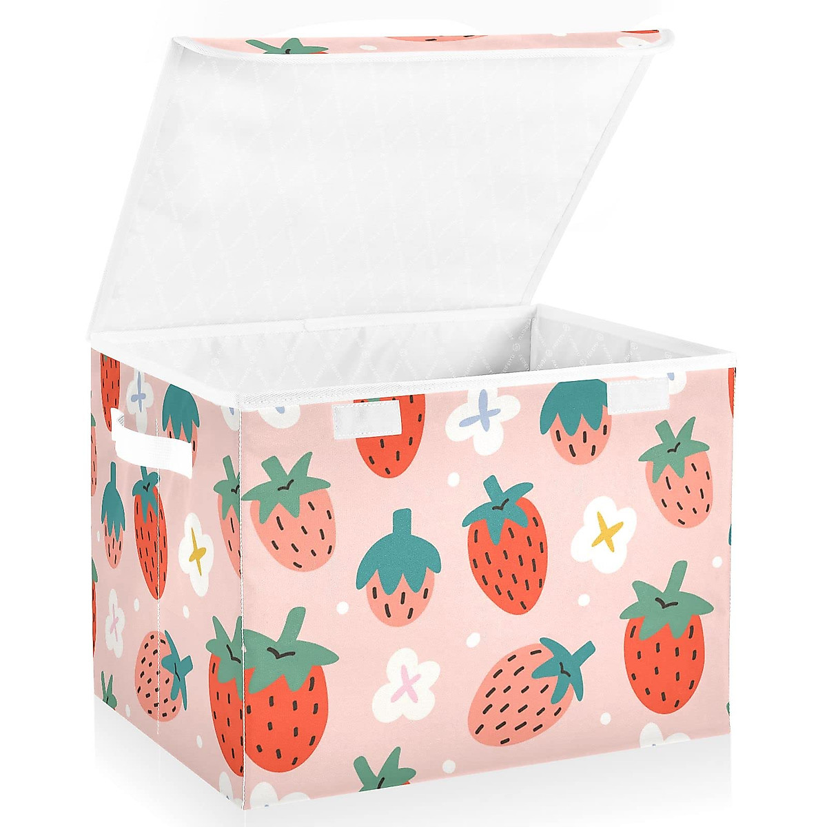 Kigai Storage Basket Cute Strawberry Storage Boxes with Lids and Handle, Large Storage Cube Bin Collapsible for Shelves Closet Bedroom Living Room, 16.5x12.6x11.8 In