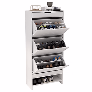 LSKTGA Tipping Bucket Shoe Storage Cabinet, 3-Tier Freestanding Tipping Bucket Shoe Cabinet Shoe Rack with Drawer and Adjustable Shelf, Modern Narrow Storage Organizer for Entryway