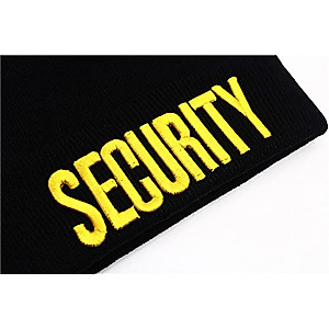 NC Men's Security Black with White Yellow Letters Long Knitted Cuffed Beanie Folded Embroidered Beanie Skull Watch Cap Hat (Gold Color)