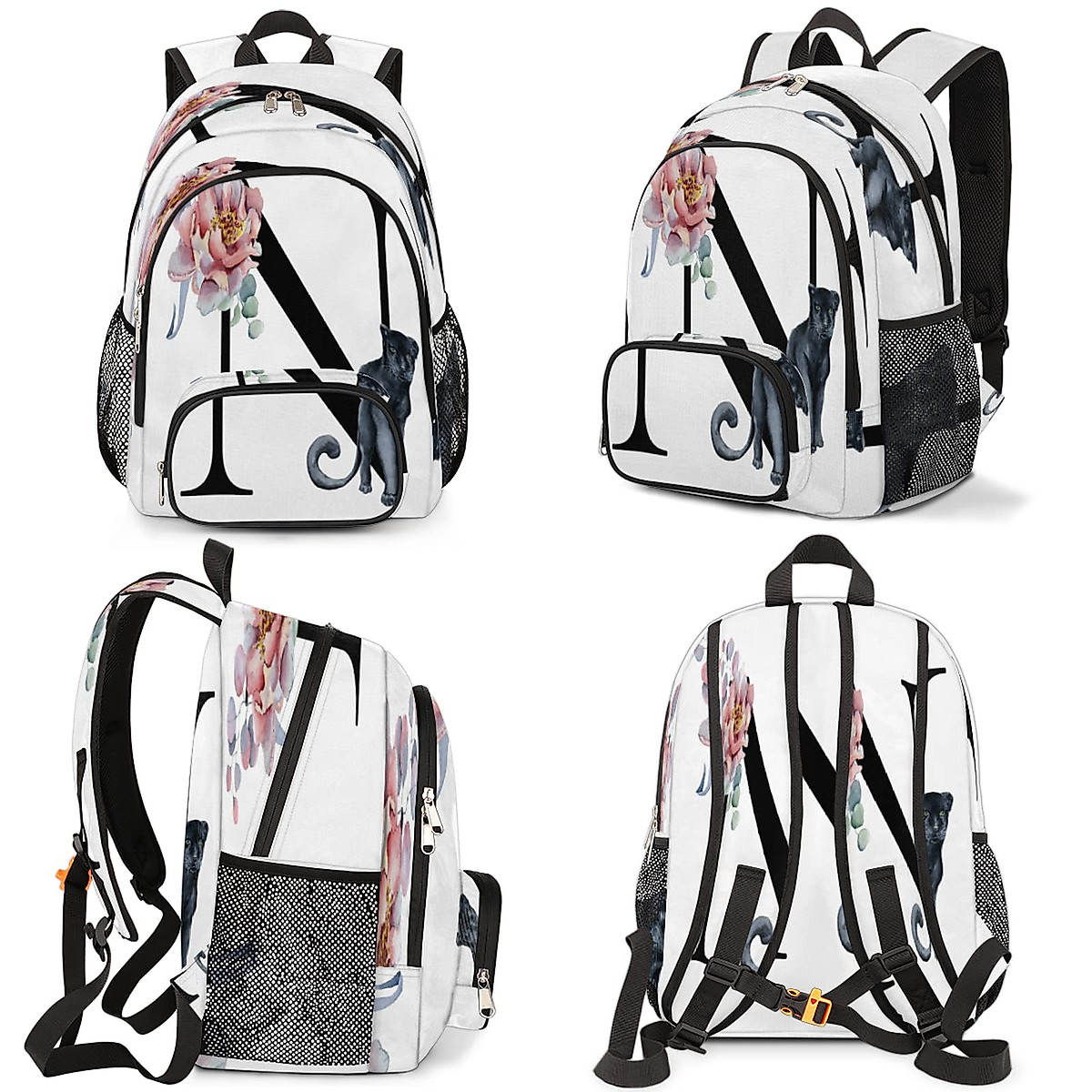 Alphabet Monogram Floral N Letter Bookbag School Backpack Teens Girls Boys Schoolbag Shoulder Computer Hiking Gym Travel Casual Travel Daypack