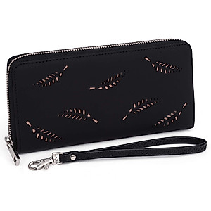 UTO Women Wallet Large Leather Hollow-Carved Leaf Card Holder Checkbook Passport Organizer Ladies Travel Clutch with Wristlet