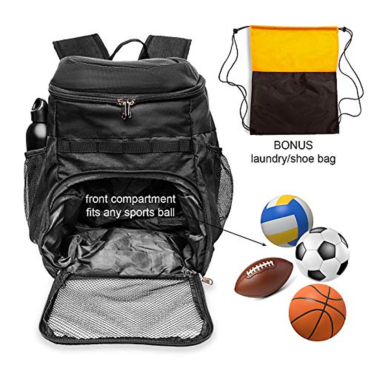 Xelfly Basketball Backpack with Ball Compartment – Sports Equipment Bag for Soccer Ball, Volleyball, Gym, Outdoor, Travel, Team – 2 Bottle Pockets, Includes Laundry or Shoe Bag – 25L (Black)