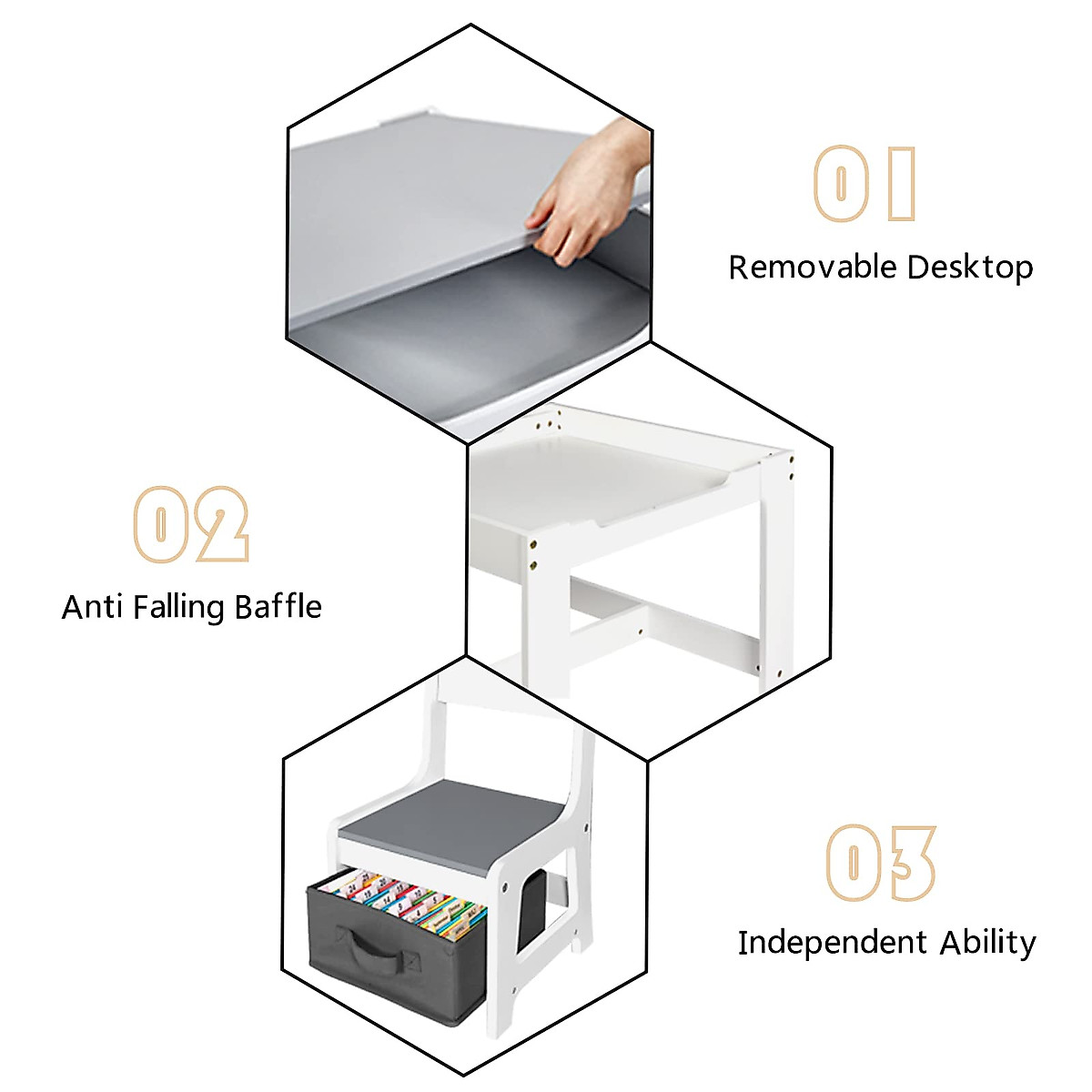 3 in 1 Kids Wood Table and 2 Chairs Set ,Multi Activity Table and Chair with Storage Children Play Desk for Building Blocks Reading Drawing Art Playroom (Gray)