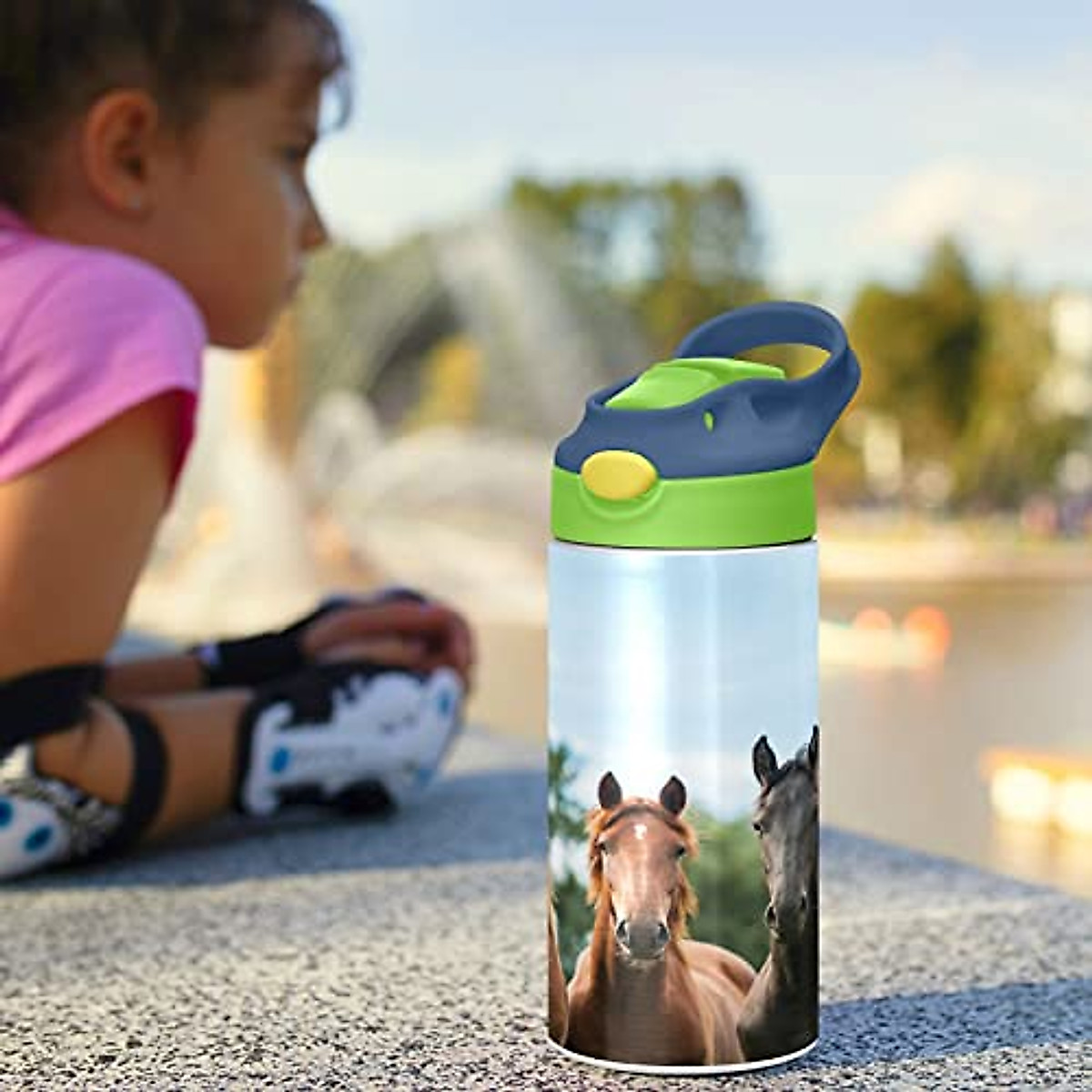 Kigai Cloudy Tree Horse Kids Water Bottle, BPA-Free Vacuum Insulated Stainless Steel Water Bottle with Straw Lid Double Walled Leakproof Flask for Girls Boys Toddlers, 12Oz