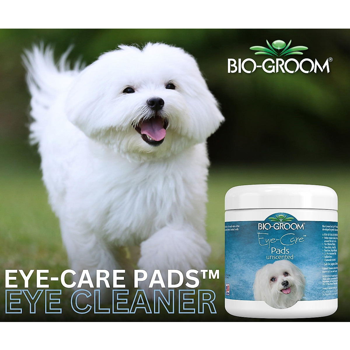 Bio-Groom - Eye-Care Pads, Dog Eye Wipes, Tear Stain Remover for Small and Big Dogs, Cats, Puppy, and Kittens, Pet Eye Cleaner Pads, Face Wipes for White Dogs, Hypoallergenic, 100% Cotton, 25 Count