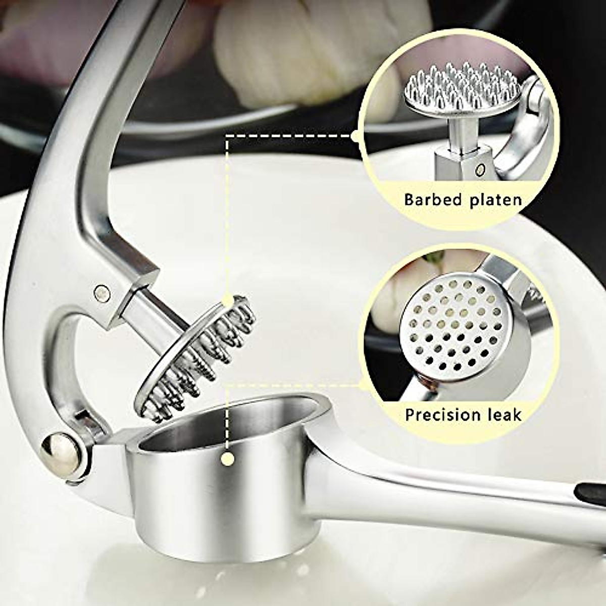 Garlic Press, Stainless Steel Garlic Press Tool with Cleaning Brush and Silicone Garlic Peeler 3 Pcs By Lechay
