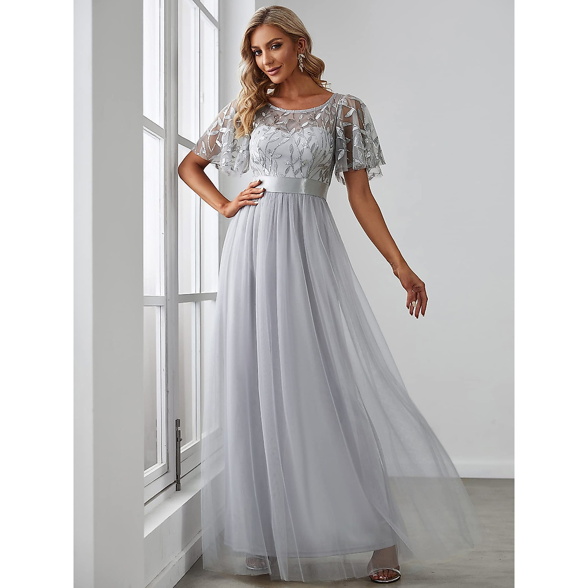 Ever-Pretty Women's Formal Dresses Crew Neck Sequin Ruffle Sleeve Empire Waist Beaded Long Evening Dresses Grey US16