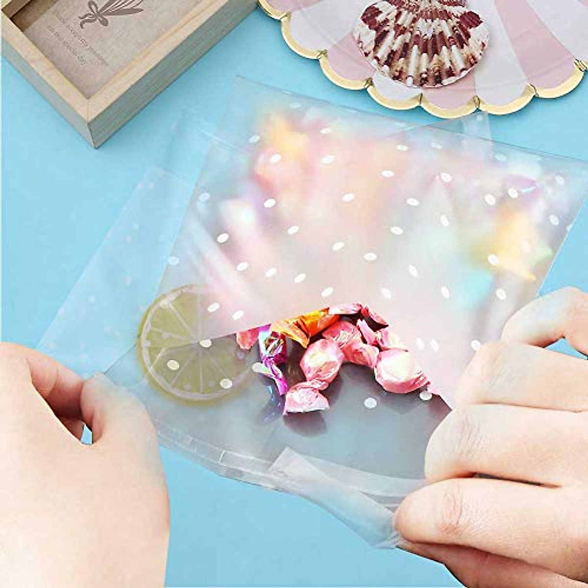 300PCS Clear Cellophane Bags Self-Adhesive Sealing Treat Bags 10x10cm Plastic Cookie Bags Party Favor Candy Bags White Polka Dot Treat Bags Soap Chocolates Cello Bags for Christmas Birthday Valentine…
