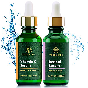 Tree of Life Facial Skin Care Set, Brightening, Firming, Hydrating, Dry Face, Dermatologist Tested - Vitamin C Serum (Brightens) + Retinol Serum (Smooths) - Skin Care Kit, 2 count of 1 Fl Oz