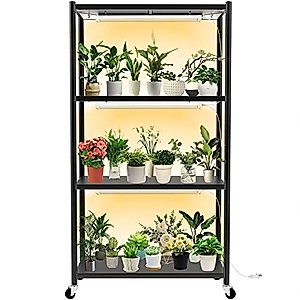 ADEBOLA Plant Shelf with Grow Lights, 4-Tier Metal Plant Stand with High Intensity 3000K Full Spectrum Grow Lights for Optimal Plant Growth, Heavy Duty Plant Shelf with Wheels for Indoor Plants, Seed Starting, Seedlings(31.5Lx15.7Wx60H, Black)