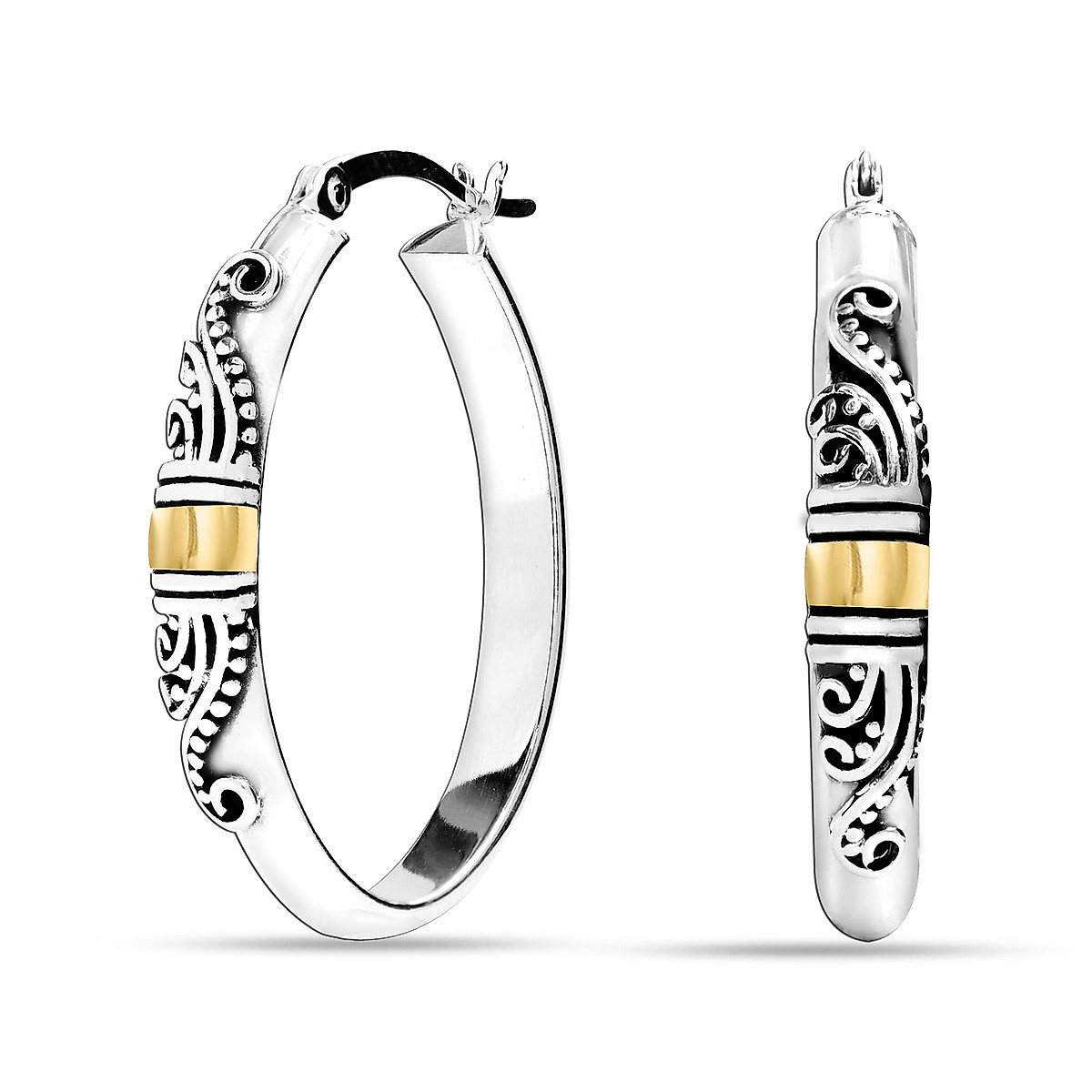 LeCalla 925 Sterling Silver Bali-Style Hoop Earrings Jewelry Lightweight Two-Tone O Shape Antique Bali Hoop Earrings for Women - 30MM