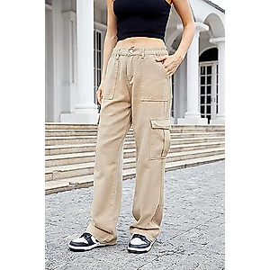 QYANGG High Waist Cargo Pants Women Stretch Baggy Cargo Pants Women Multiple Pockets Relaxed Fit Straight Wide Leg Y2K Pants Khaki