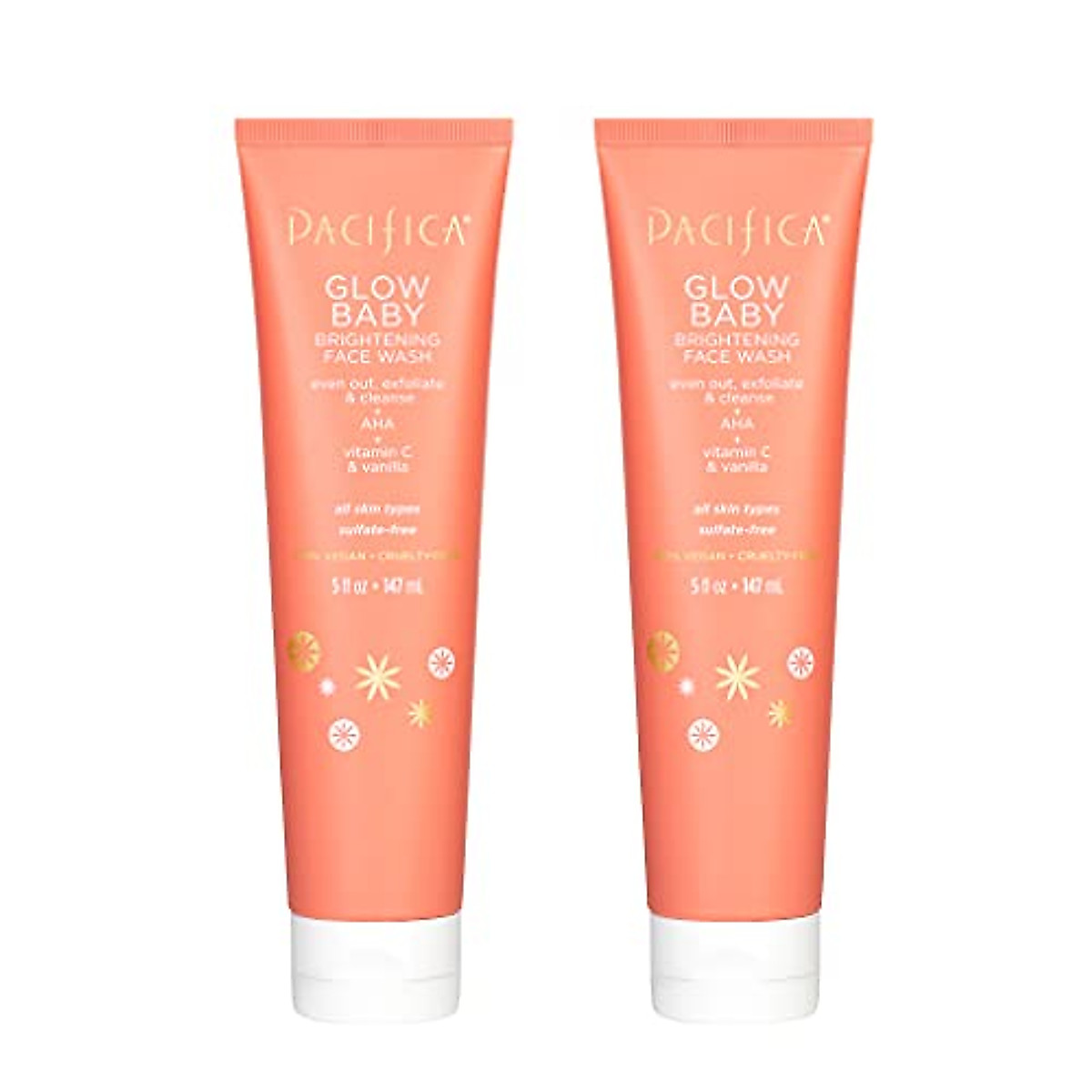 Pacifica Beauty Glow Baby Brightening Daily Face Cleanser, Exfoliate and Cleanse, Vitamin C, AHA for All Skin Types, Sulfate & Paraben, Vegan and Cruelty Free, Orange & Vanilla, 5 Fl Oz, Pack of 2