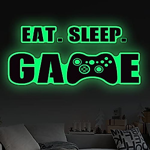 Eat Sleep Game Wall Decal Glow in The Dark Gamer Boy Wall Stickers Vinyl Video Game Wall Decor Gaming Controller Wall Decals for Boys Room Kids Bedroom Home Playroom Decoration