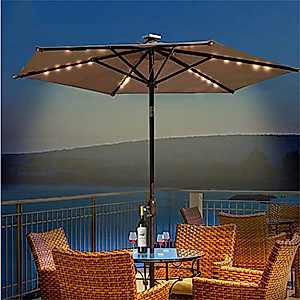 ZJDU 8.2 Ft Solar Powered Outdoor Market Patio Table Umbrella,Table Market Umbrella, 30 LED Lighted Patio Umbrella, with LED Lights and Tilt,for Garden, Deck, Backyard, Pool and Beach,Brown