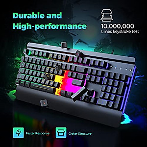 Dacoity Gaming Keyboard, 104 Keys All-Metal Panel, Rainbow LED Backlit Quiet Computer Keyboard, Wrist Rest, Multimedia Keys, Anti-ghosting Keys, Waterproof Light Up USB Wired Keyboard for PC Mac Xbox