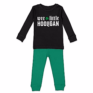 Wee Little Hooligan - Shamrock 4 Leaf Clover Infant/Toddler Shirt & Pants Set (Black Top/Kelly Bottoms, Youth 12)
