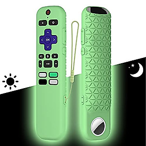 Seltureone 2 in 1 Remote Cover with AirTag Holder for Roku Voice Remote (Glow in The Dark), Roku Remote Cover Silicone Protective Case, Anti Slip Shock Absorption Washable, Green