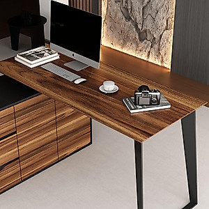 TAMUNE L-Shaped Corner Desk with Drawers, Office Desk Executive Desk with Storage Cabinet, Computer Desk with Black Metal Leg Frame, for Home Office Deep Brown and Black (54.3”W x 40.9”D x 29.1”H)