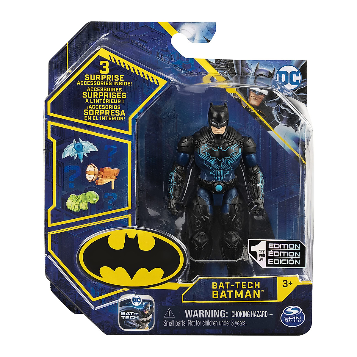 DC Comics Bat-Tech Batman 4-inch Action Figure with 3 Mystery Accessories, for Kids Aged 3 and up
