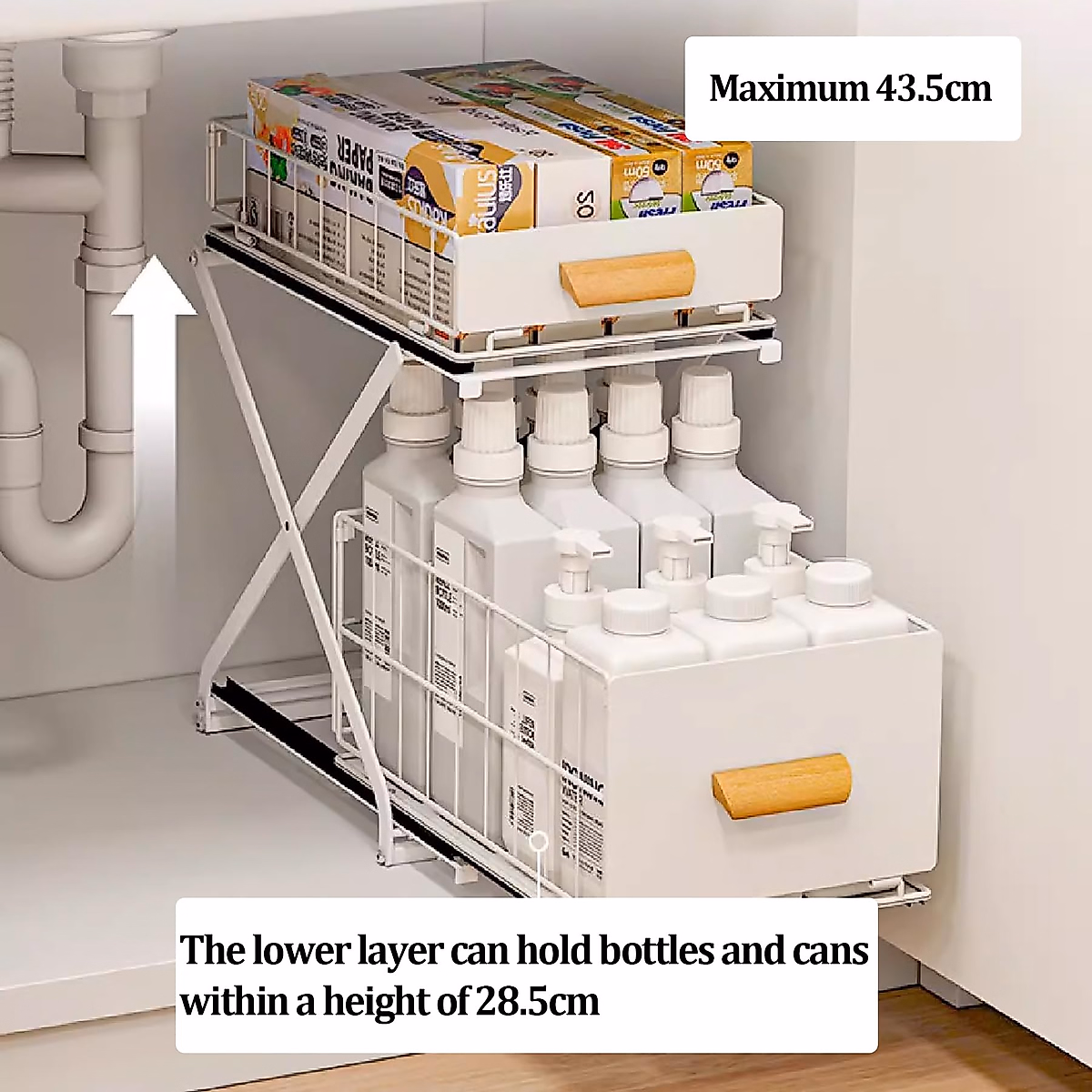 LONONE Under Sink Shelf Rack Metal Under Sink Organizers and Storage 2 Tier Sliding Cabinet Organizer Pull Out Shelves Under Kitchen Sink,White