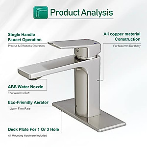 VOTON Bathroom Faucet Brushed Nickel Single Handle Bathroom Faucet 1 or 3 Hole Bathroom Sink Faucet with Deck Plate RV Bathroom Faucet 1.2 GPM
