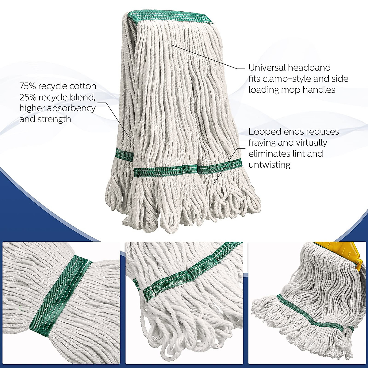 6 Pack Heavy Loop End Cotton String Mop Head Heavy Duty Mop Head Commercial Refills Mop Head Replacement for Home Industrial Commercial Cleaning (White, Green)