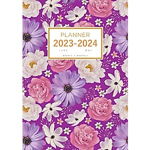 Planner 2023-2024: A5 Weekly and Monthly Organizer from June 2023 to May 2024 | Elegant Rose Peony Flower Design Purple