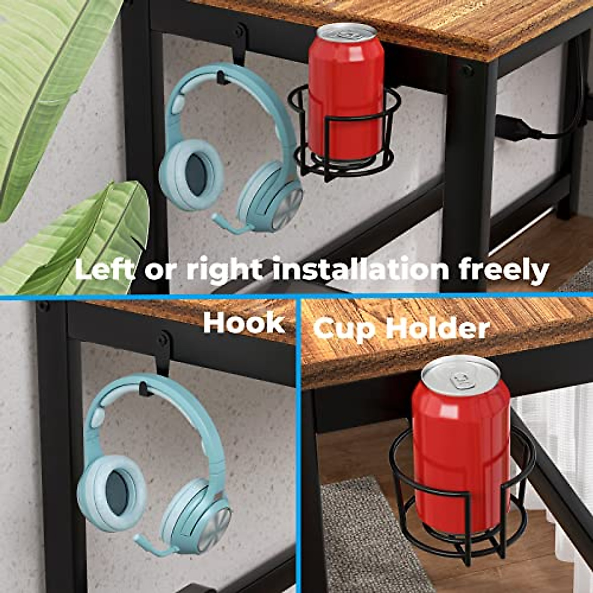 GreenForest L Shaped Desk with Power Outlets, 50.4 Inches Reversible Small Corner Computer Desk with Monitor Stand, Home Office Gaming Desk with Headphone Hook, Cup Holder, Walnut