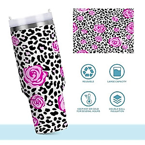 RPLIFE Pink Roses Leopart Print Tumbler Cup, Stainless Steel Coffee Cup, Insulated Cups with Lids, Tumbler for Men