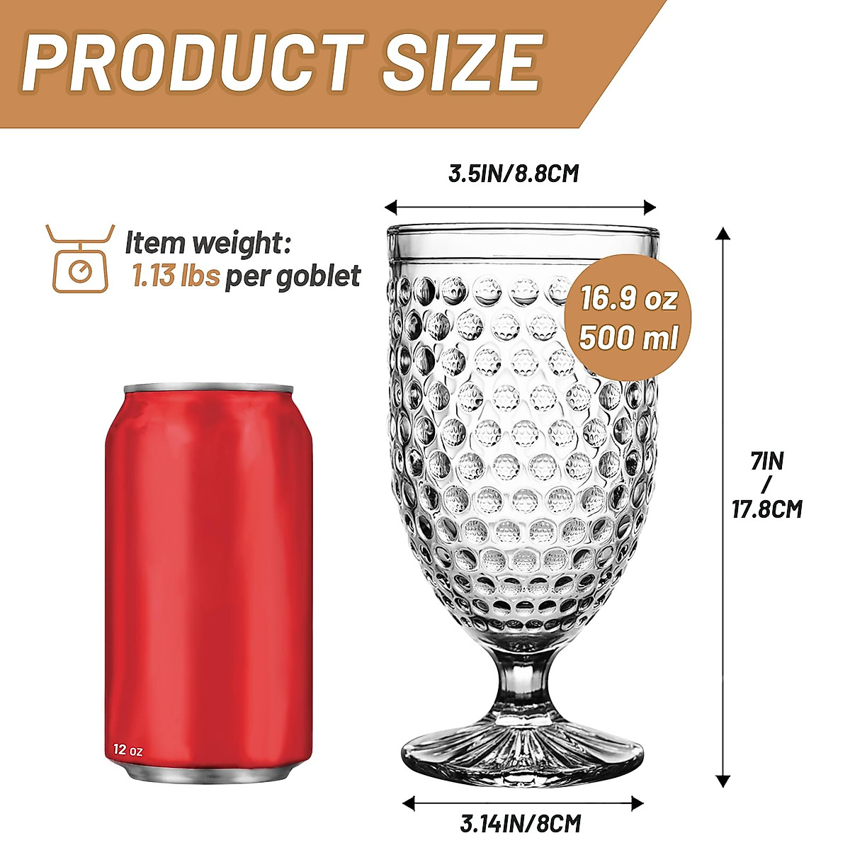 Wongblee Hobnail Glass Goblets 16.9 Oz, Stemmed Wine Glasses, Vintage Drinking Glasses for Water, Juice, Ice Tea, Set of 4 (Clear)