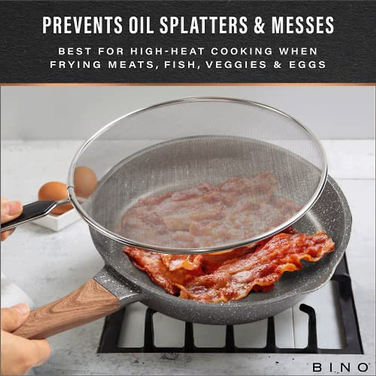 BINO 2-Piece Stainless Steel Splatter Screen with Handle Set - Black | Oil & Grease Skillet Guards | Bacon Screen Splash Protector | Frying Screen | Mesh Splatter Screen | Kitchen Cookware Essentials