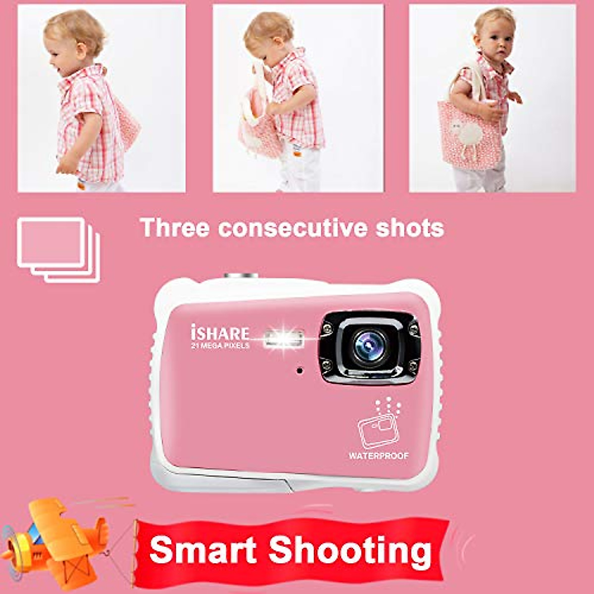 Kids Camera,21MP HD 3M Waterproof Digital Camera Kids,Kids Waterproof Camera 2.0 Inch LCD Display,8X Digital Zoom,Flash and Mic for Kids Boys Girls Gift(Pink)