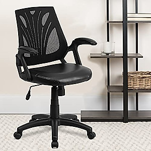 Flash Furniture Sam Mid-Back Designer Black Mesh Swivel Task Office Chair with LeatherSoft Seat and Open Arms