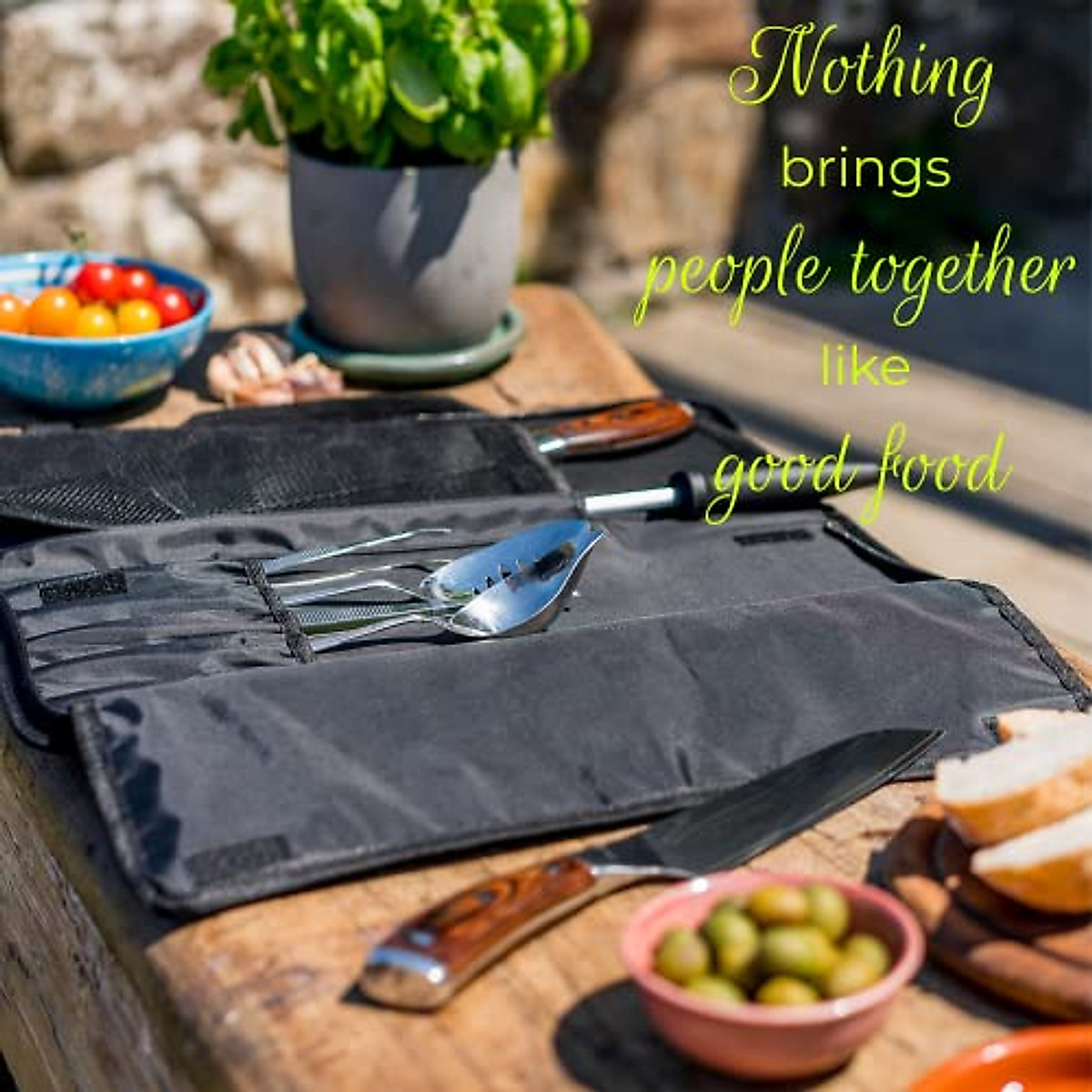 Knife Bag Canvas Chef Knife Roll Case -16 Pocket Knife & Kitchen Utensils Holder + Honing Steel Rod + Precision Drawing Spoons - Portable Storage for Travel Camping Culinary Student - Shoulder Strap