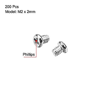 uxcell M2x2mm Phillips Screw Fastener Silver Tone 2.8mm Dia Screw Head for Laptop PC TV Fan Switch 200pcs