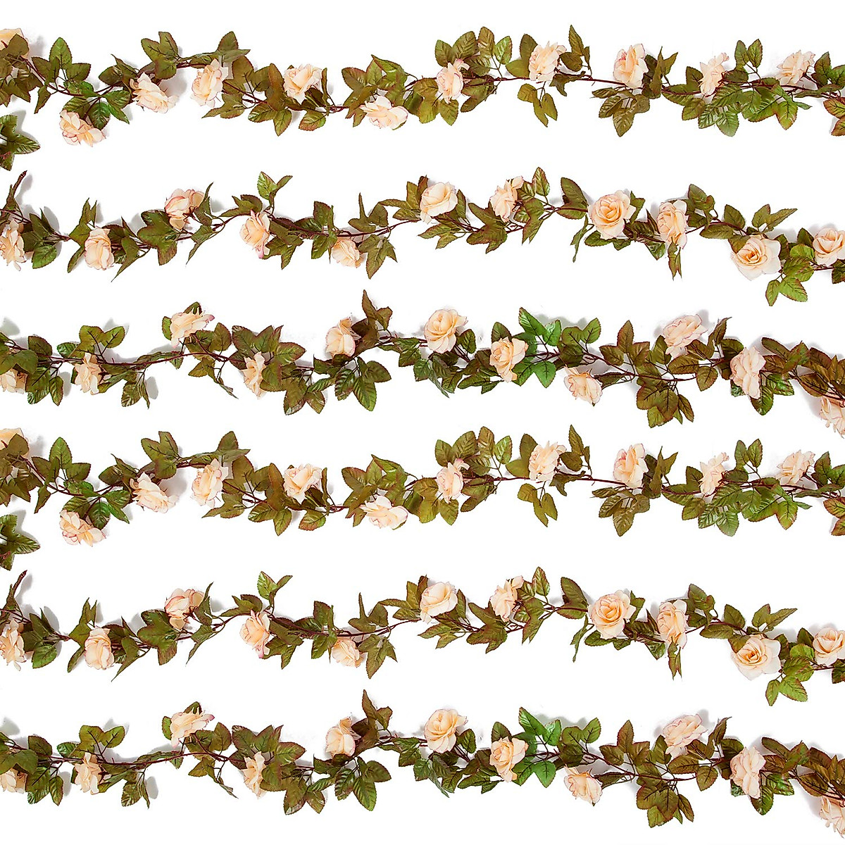 Pauwer 6PCS(44.3FT) Artificial Rose Vine Silk Flower Garland Hanging Fake Roses Flowers Plants for Home Garden Office Hotel Wedding Party Decor, Champagne