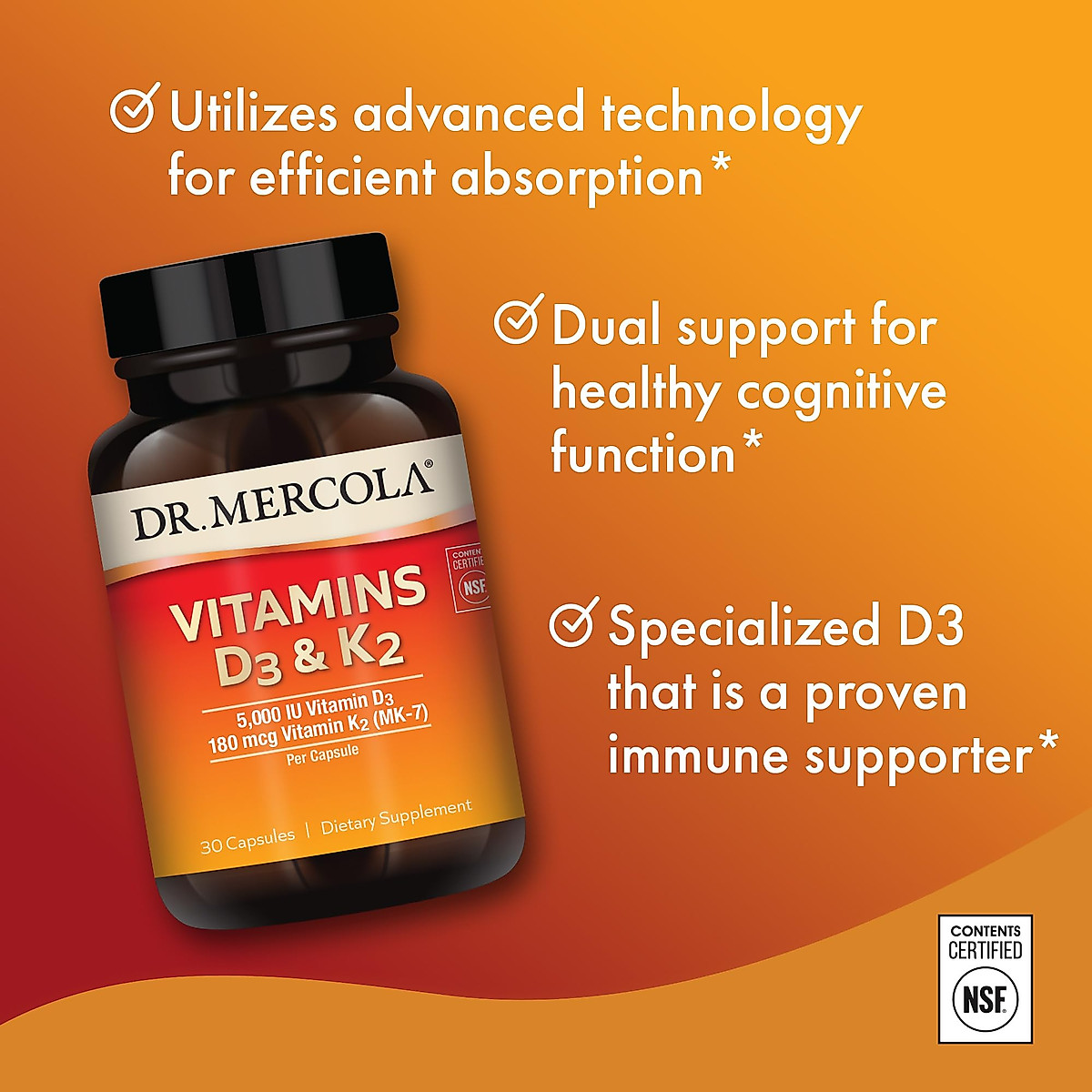 Dr. Mercola Vitamins D3 & K2, 30 Servings (30 Capsules), Dietary Supplement, Supports Immune Health, Non GMO, NSF Certified