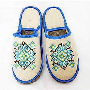 PetriStor 100% Natural Wool Felt Sauna Slippers Ukrainian Ornament Blue for Men - Sauna Banya Slippers Felt Bathhouse/Vaporarium - Made in Ukraine