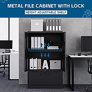 PEUKC Metal File Cabinet with Drawer, Lockable Vertical Lateral Filing Storage Cabinet, File Cabinet with Storage Cabinet for Home Office, Legal/Letter/A4 Size Steel File Storage Cabinet, Black