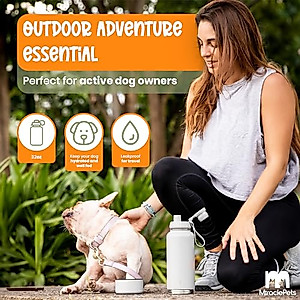 Miracle Pets Portable Dog Water Bottle with Bowl Attached 32oz Insulated Stainless Steel Water Bottles for Sports Hiking Easy Handle Dog Travel Accesories Portable Dog Bowl (Misty Rose)