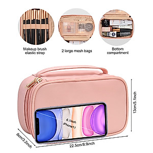 Relavel Makeup Bag, Small Travel Cosmetic Bag for Women, Portable 2 Layer Makeup Brushes Holder Bag, Toiletry Bag, Compact Cosmetic Case Organizer for Christmas, Pink
