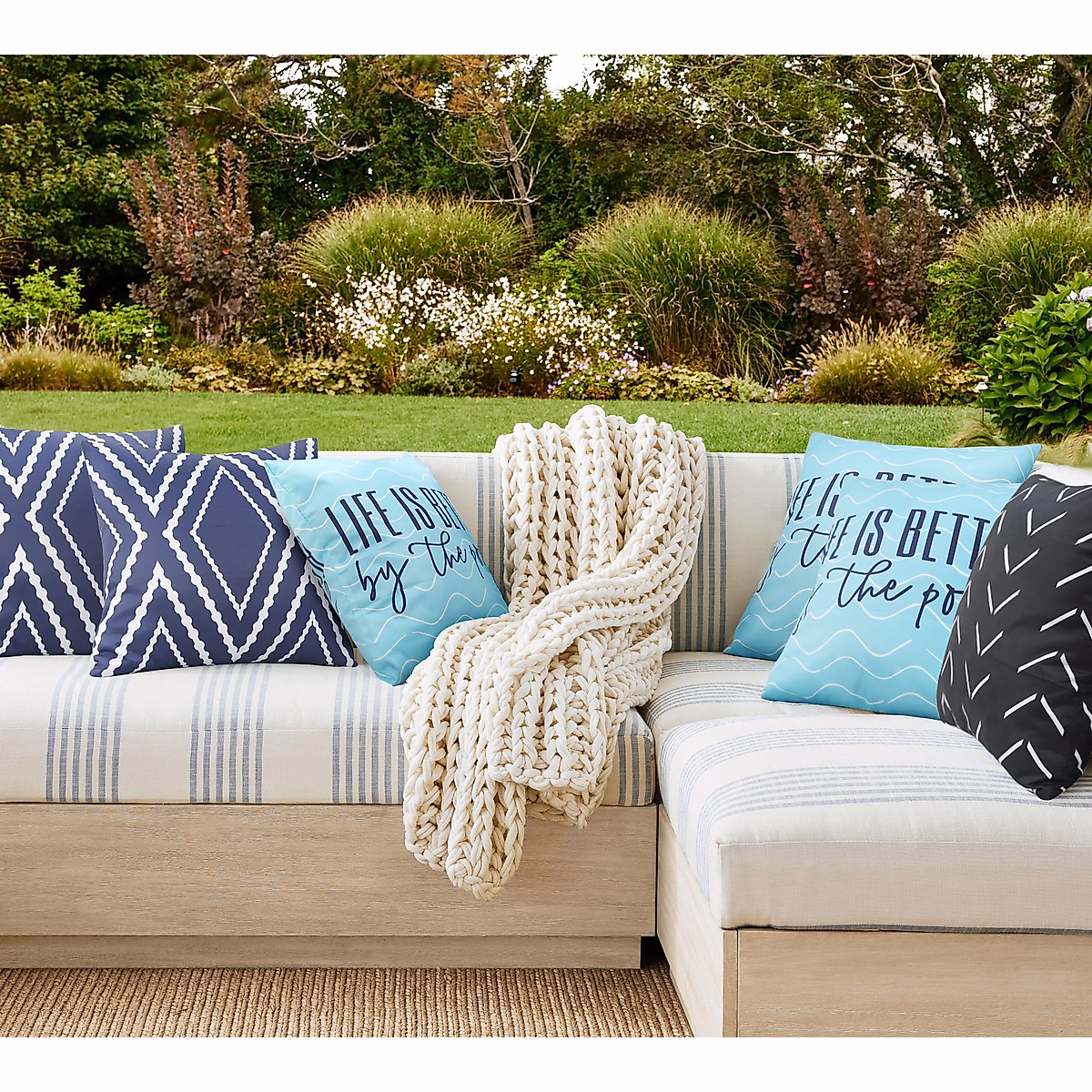 Adabana Blue Outdoor Waterproof Throw Pillow Covers 16x16 Inch Set of 2 Decorative Porch Pillows Cover for Patio Furniture Garden, Life is Better by The Pool