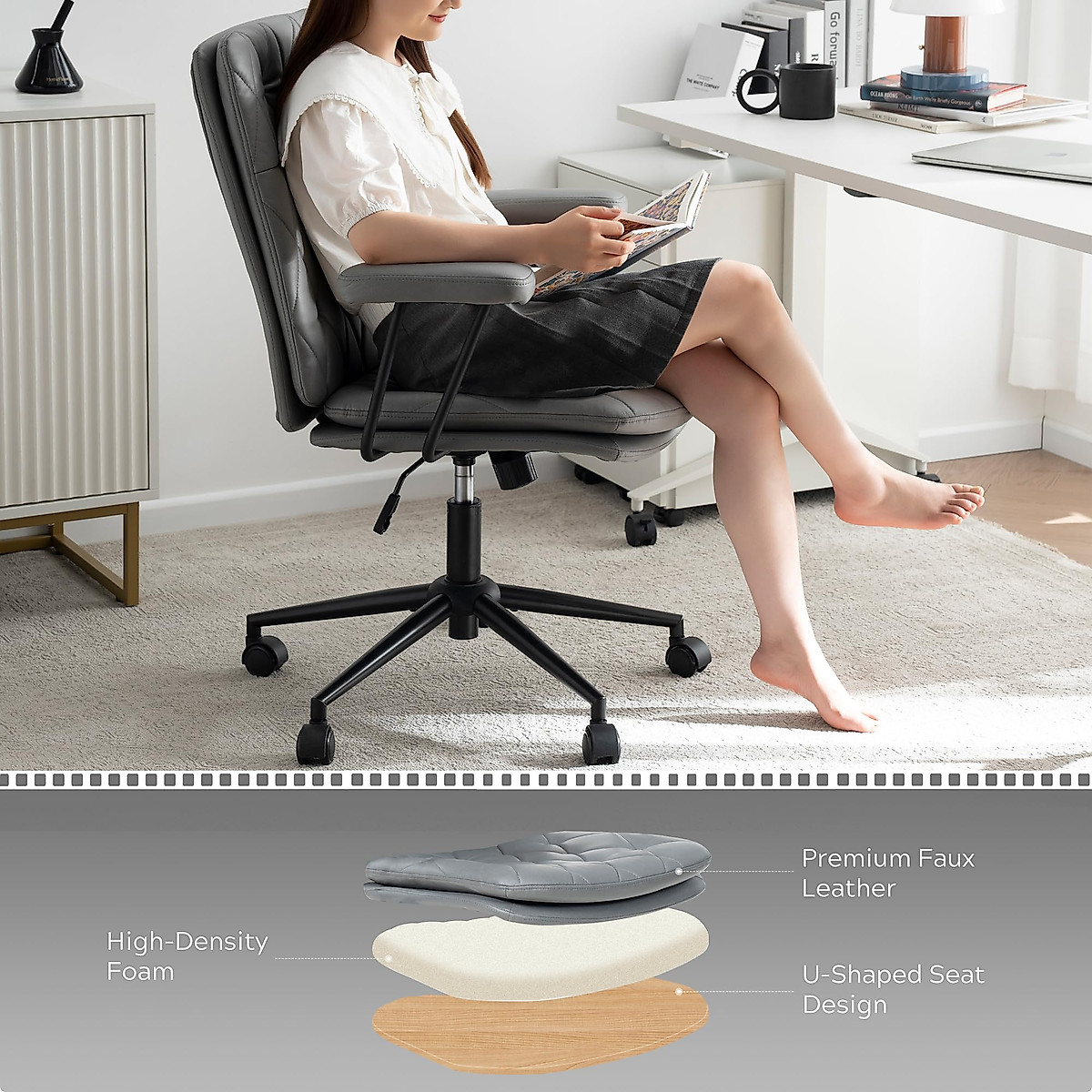 EYYTHUNG Executive Office Chair Mid Back Suede Fabric Desk Chair Modern Midback Cross Legged Chair with Wheels Height Adjustable Tilt Vanity Chair for Office, Meeting Room Grey