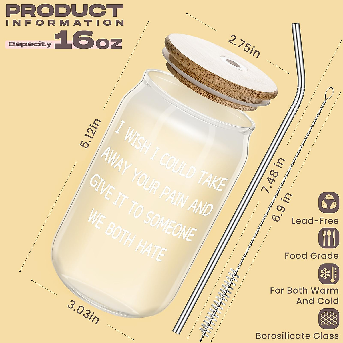 Get Well Soon Gifts for Women Men - After Surgery Recovery Gifts - Feel Better Gifts for Her Him Mom Sick Friends Grieving Divorce Bereavement Sympathy Miscarriage Take Your Pain 16 Oz Coffee Glass